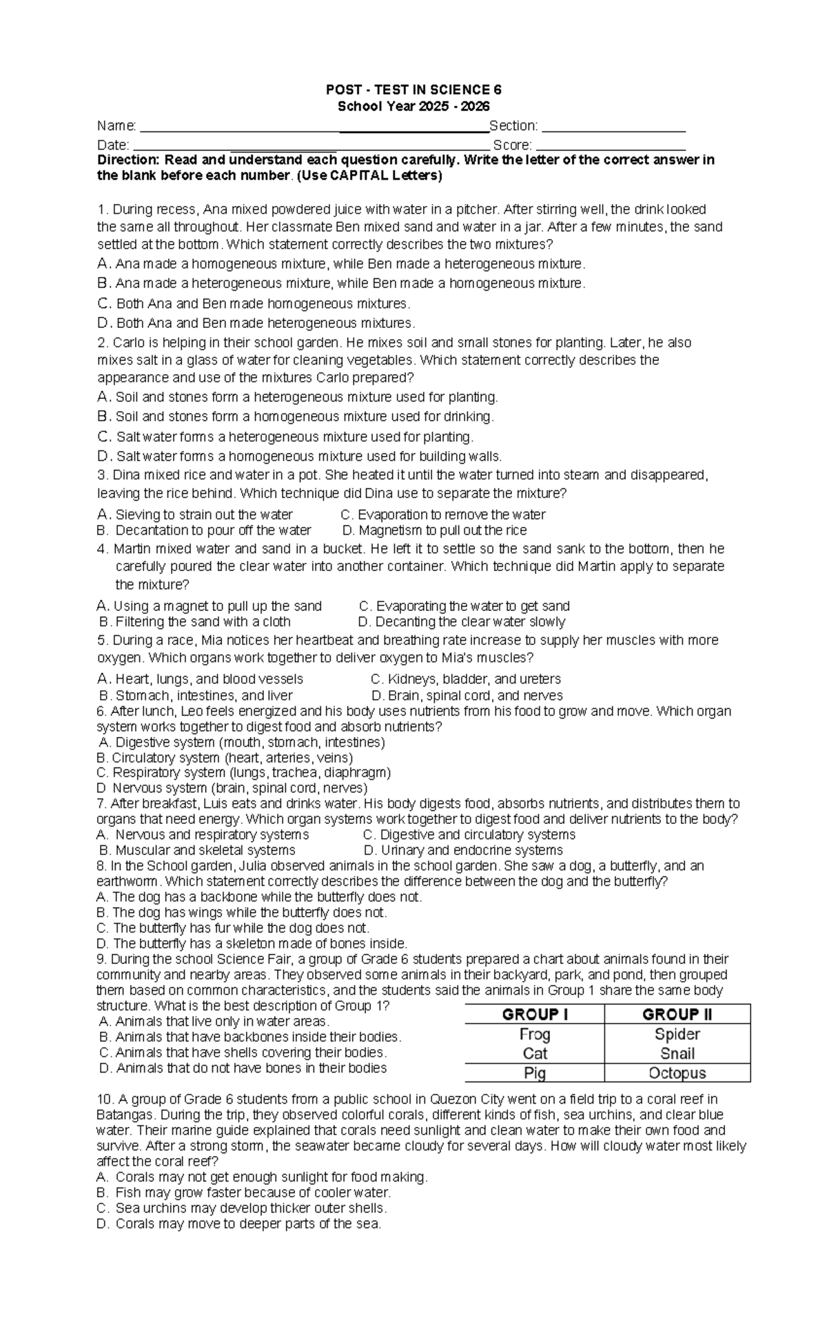 Edited Science 6 POST Test for School Year 2025-2026 - Studocu