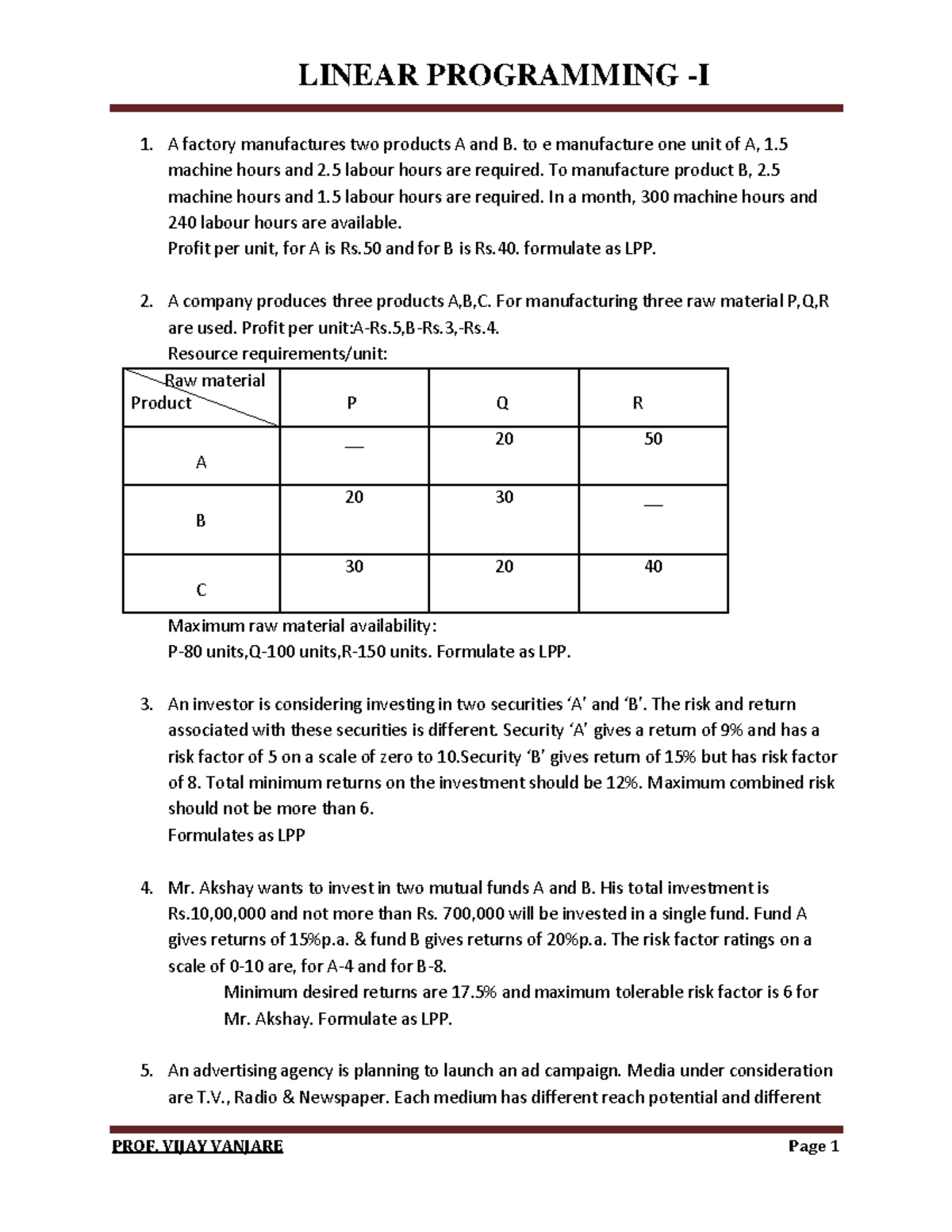 LPP-I-1 - Formulating Linear Programming Problems for Optimization ...