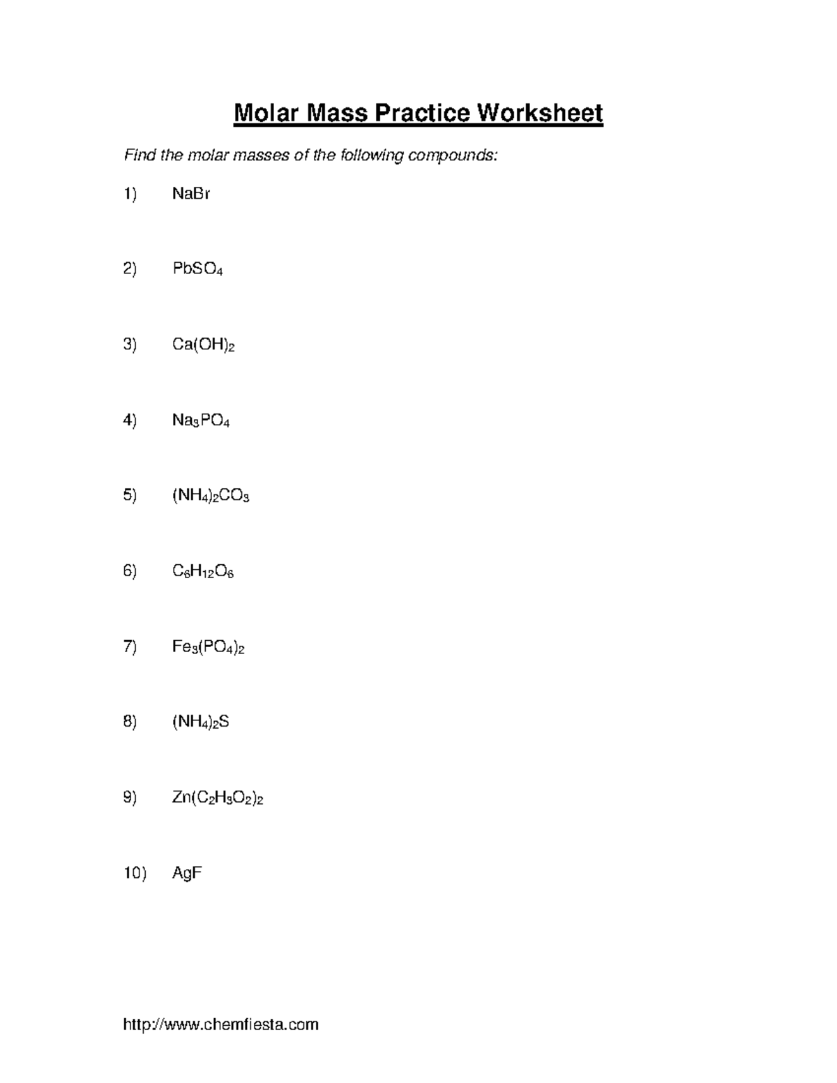 Molar Mass Practice WS - Study Notes for Chemistry Matric - Studocu