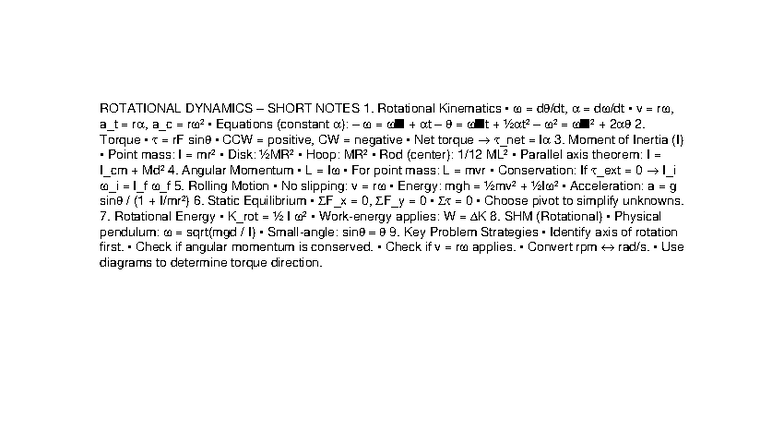 ROTATIONAL DYNAMICS NOTES: KEY CONCEPTS & FORMULAS - Studocu