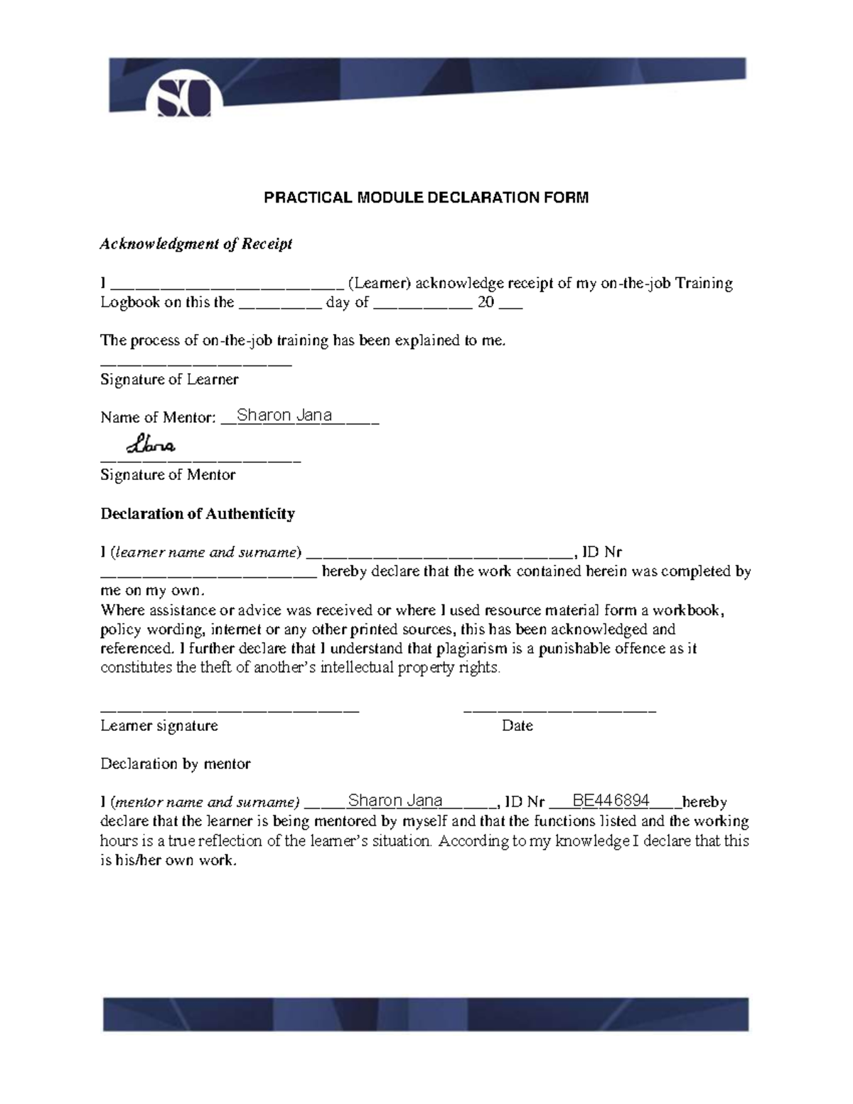 Learner Declaration Form for Practical Module BE446894 - Studocu