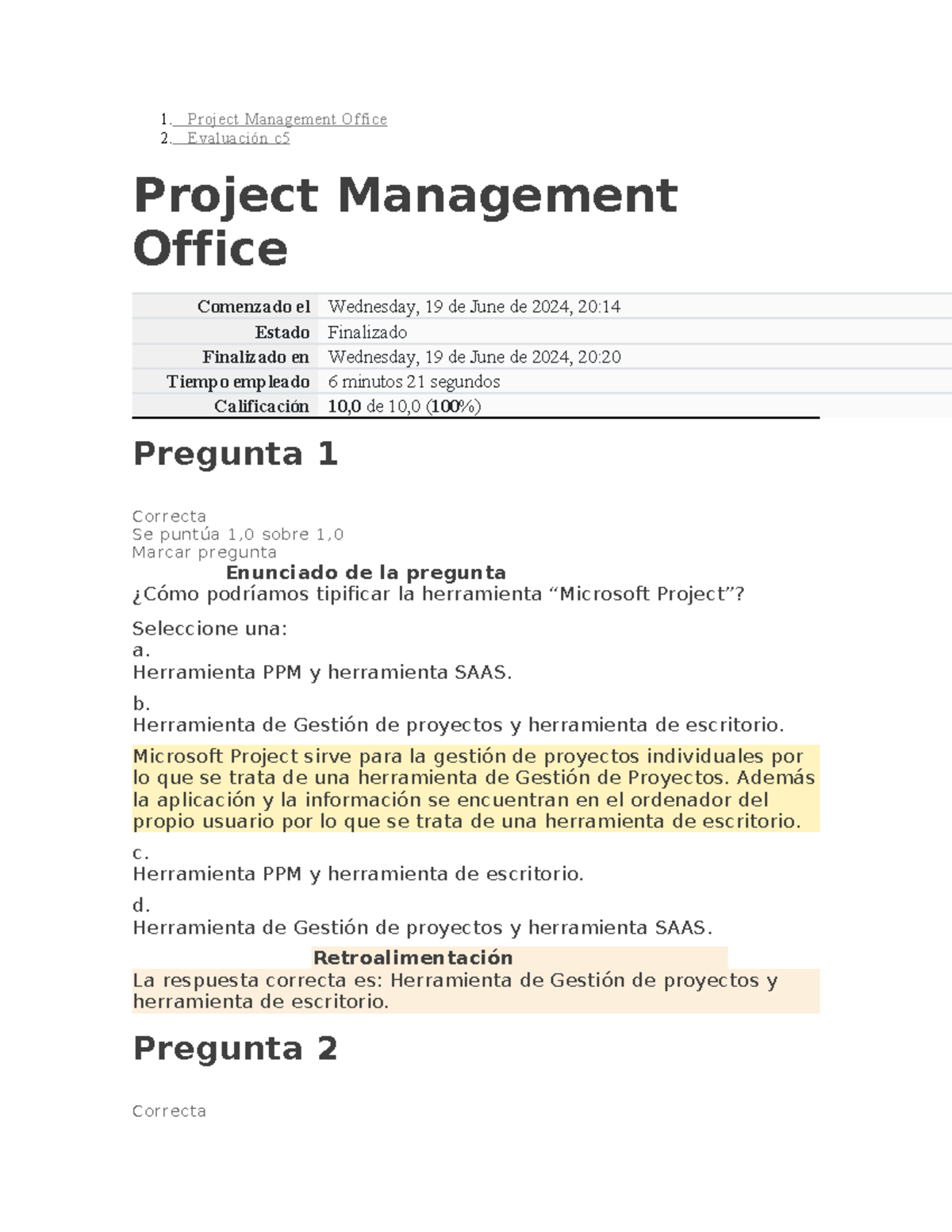 Evaluación Unidad 3 PMO: Preguntas y Respuestas Correctas - Studocu
