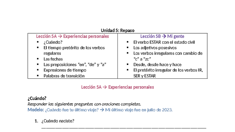 Repaso Unidad 5: Lecciones y Ejercicios de Español - Studocu
