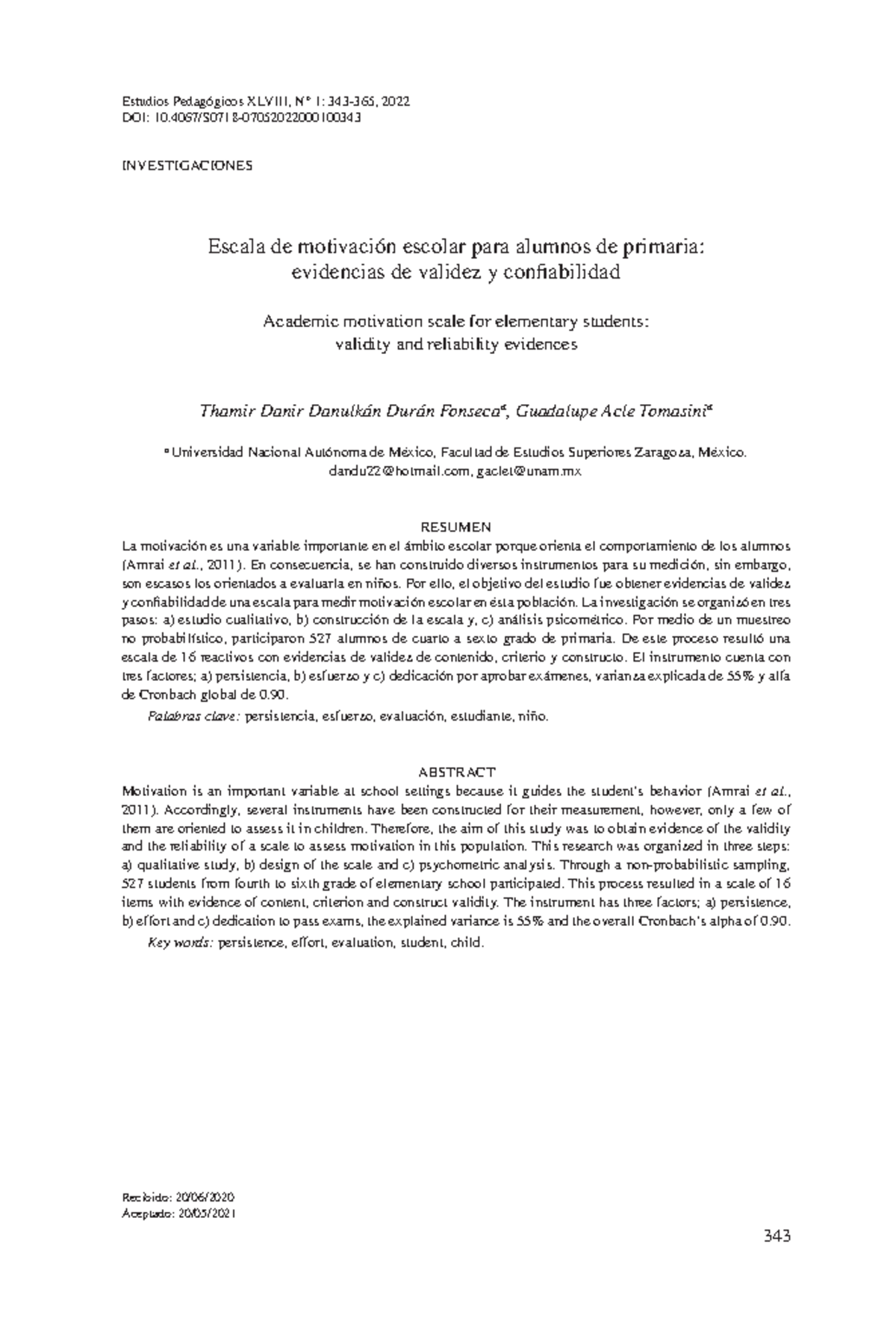 Escala de Motivación Escolar EMEAP: Validez y Confiabilidad en Primaria ...