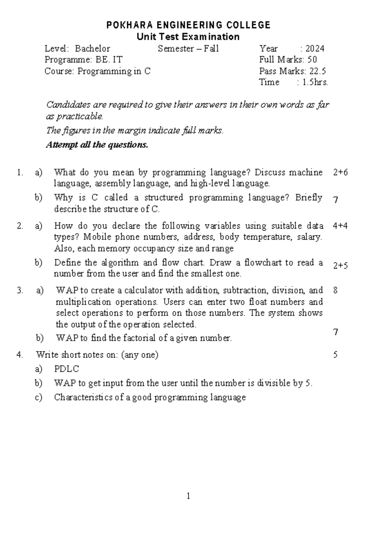 C 2081 Unit Test - Programming in C Questions for Fall 2024 - Studocu