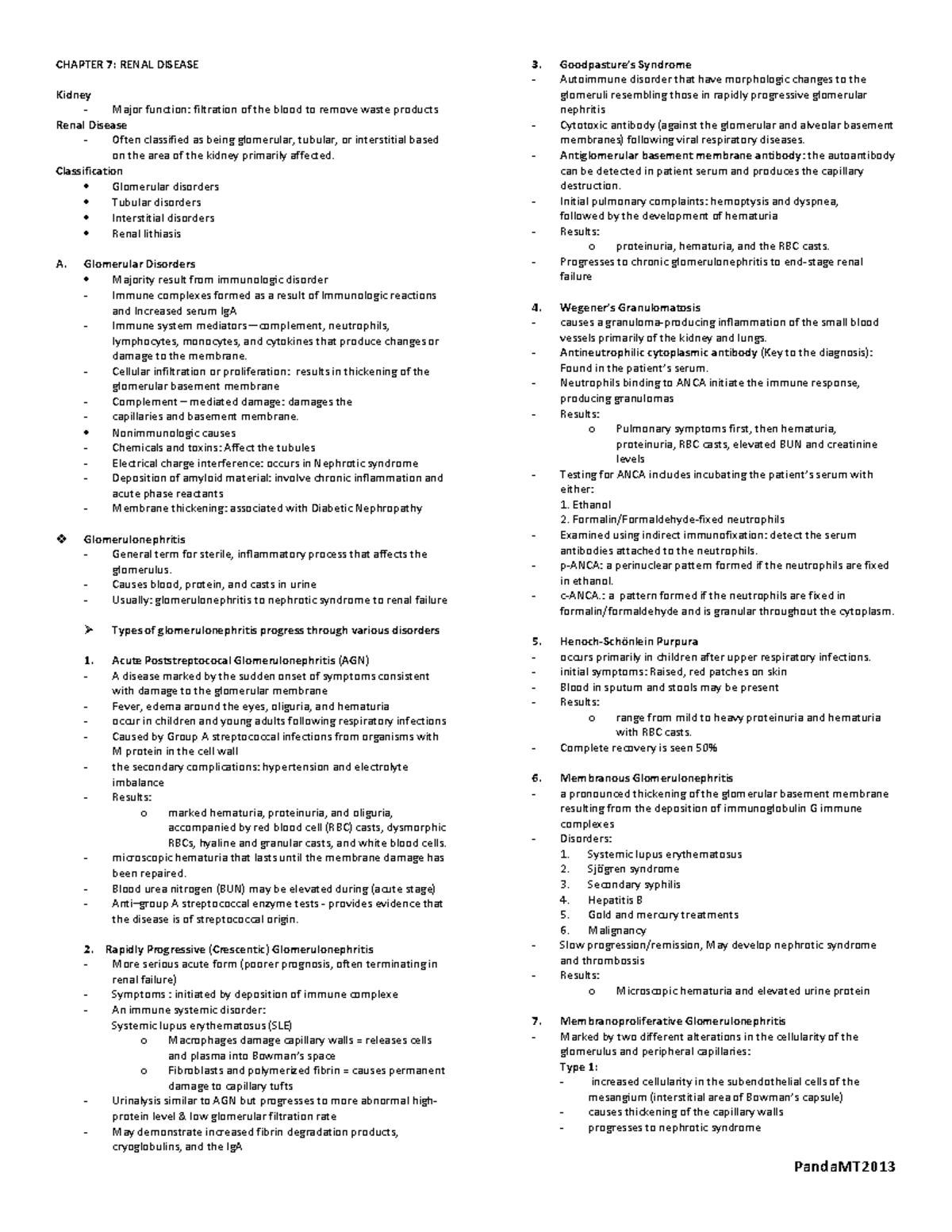 Chap07 Renal Diseases - CHAPTER 7: RENAL DISEASE Kidney - Major function: filtration of the ...