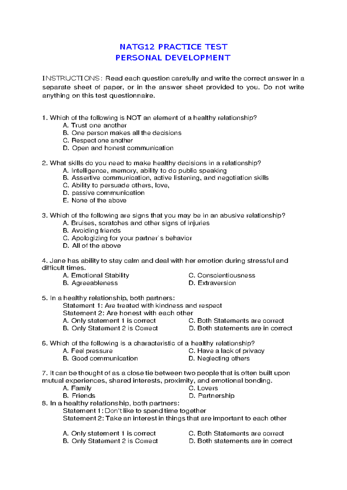 NATG12 Personal Development - Practice Test Reviewer - Studocu