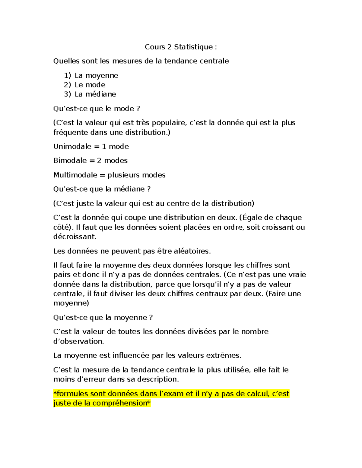 Cours 2 Statistique : Mesures de Tendance Centrale et Variance - Studocu