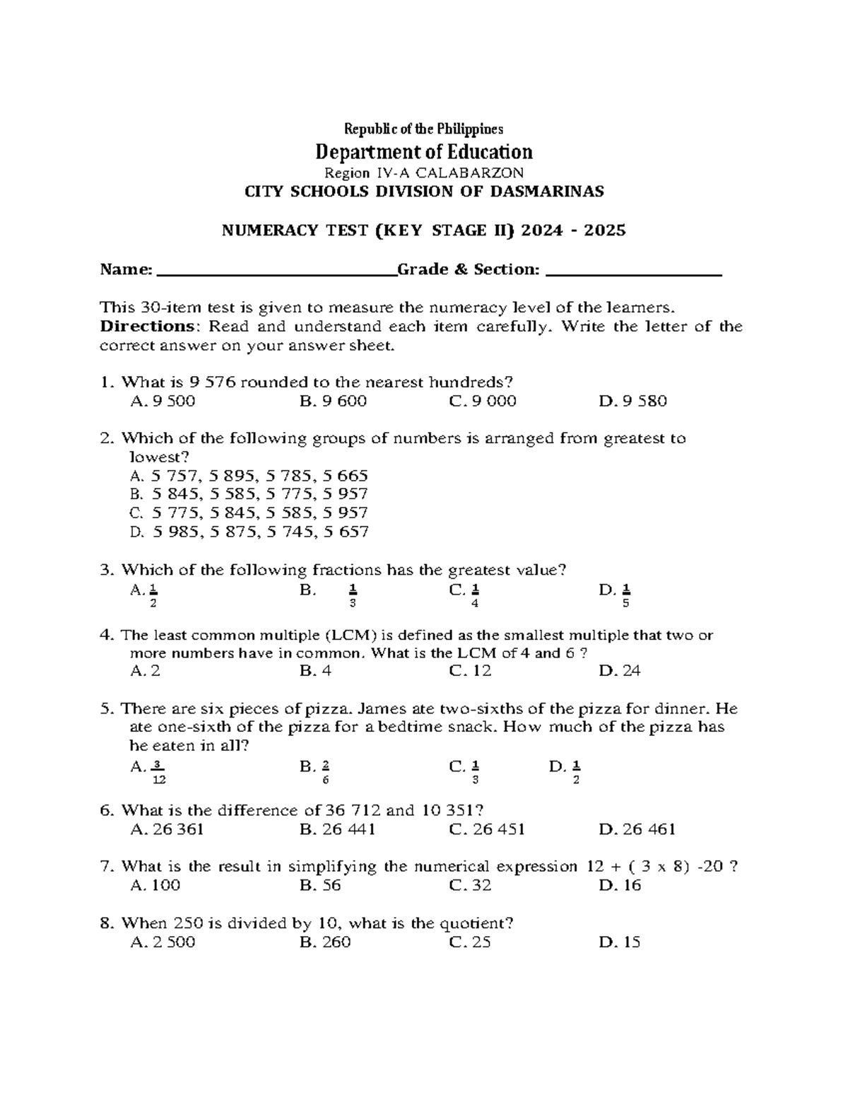 KEY- Stage-2- Numeracy-TEST 2024-2025 PRE-POST - Republic of the ...