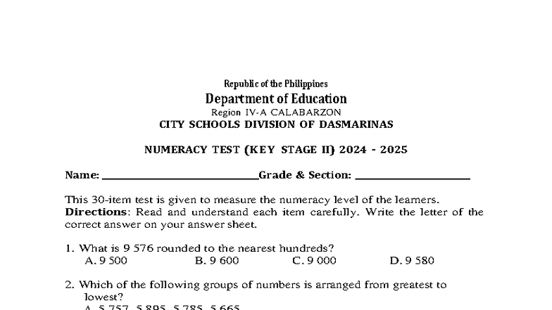 KEY STAGE II NUMERACY TEST 2024-2025: PRE-POST ASSESSMENT - Studocu