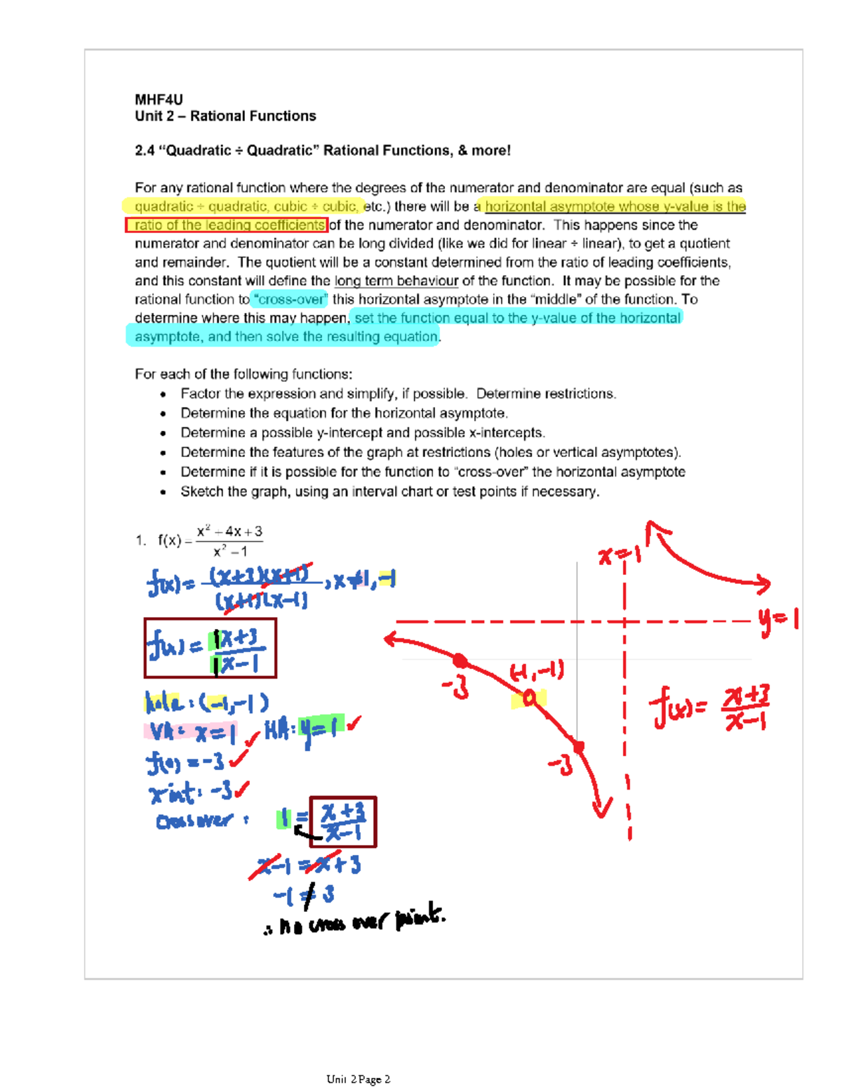 MHF4U Unit 2 Rational Functions: Analyzing Quadratic Over Quadratic ...