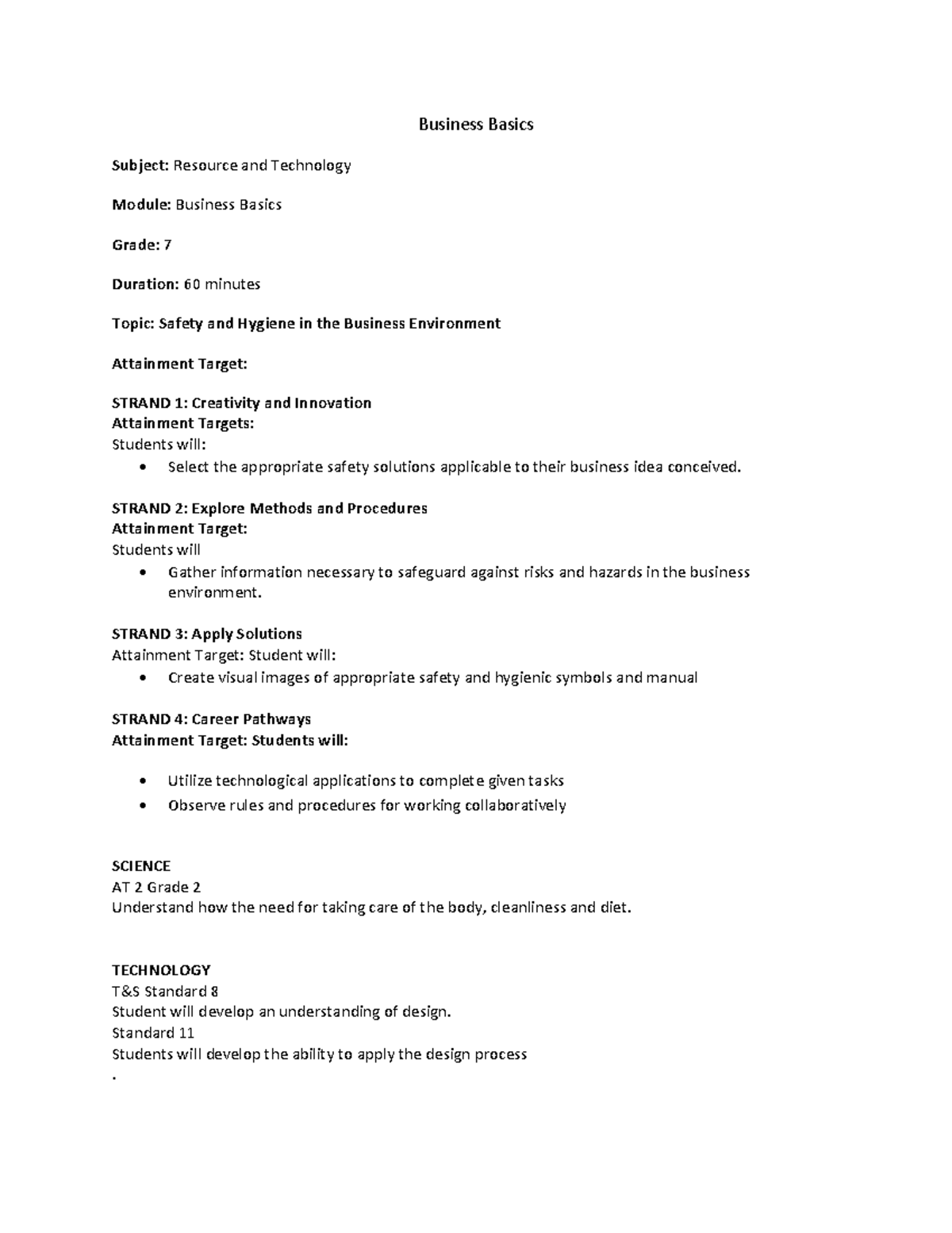 STEM Grade 7 Lesson PLAN April 2020 - Business Basics Subject: Resource ...