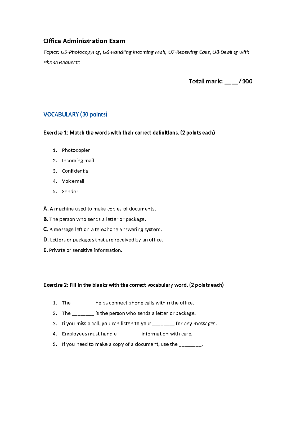 Office Administration Exam (U5-U8): Vocabulary & Comprehension Guide ...