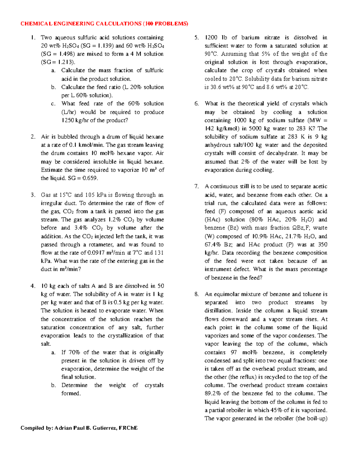 ChE 100: Comprehensive Problem Set on Chemical Calculations - Studocu