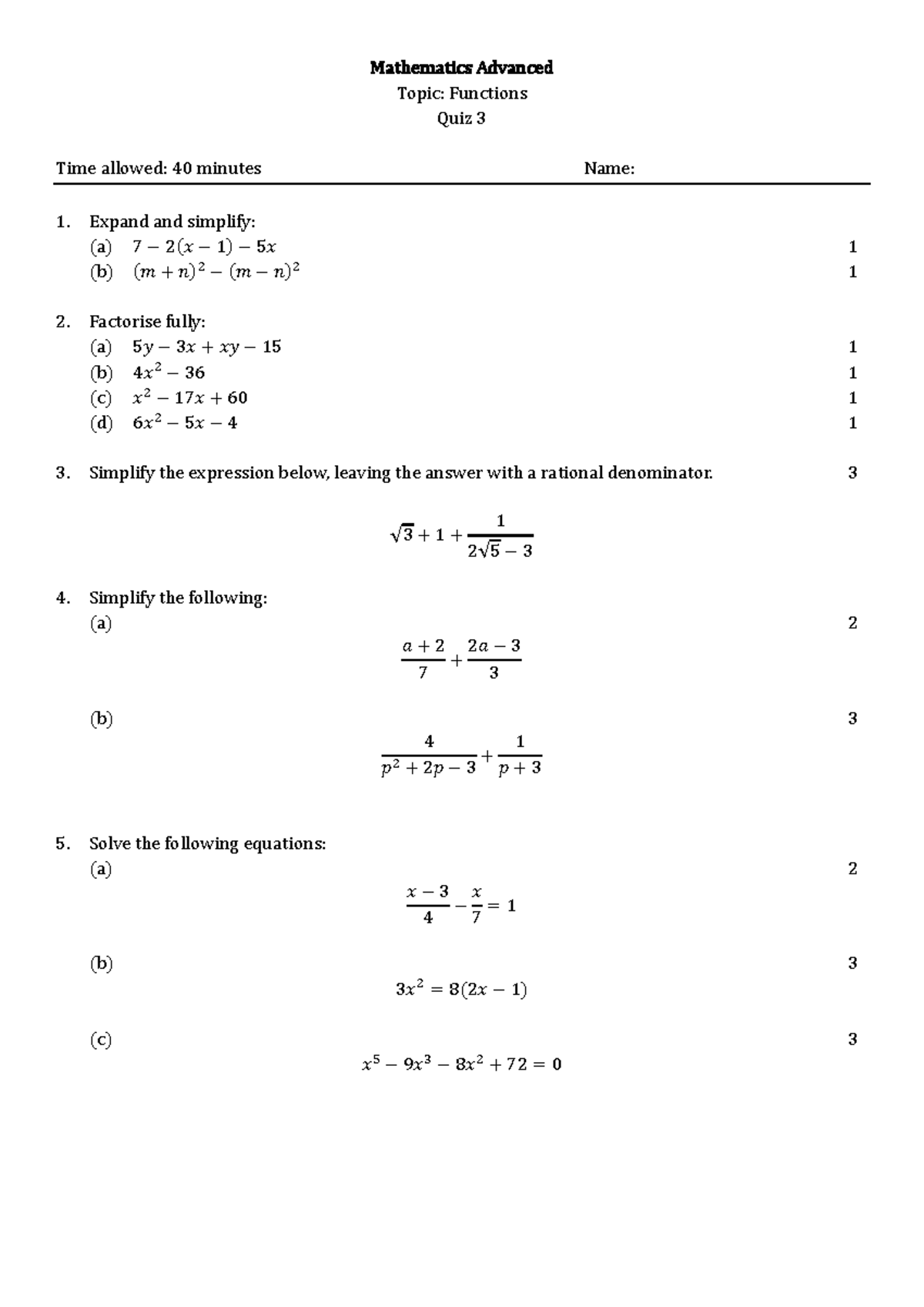 Mathematics Advanced Topic: Functions Quiz 3 Solutions - MHA - Studocu
