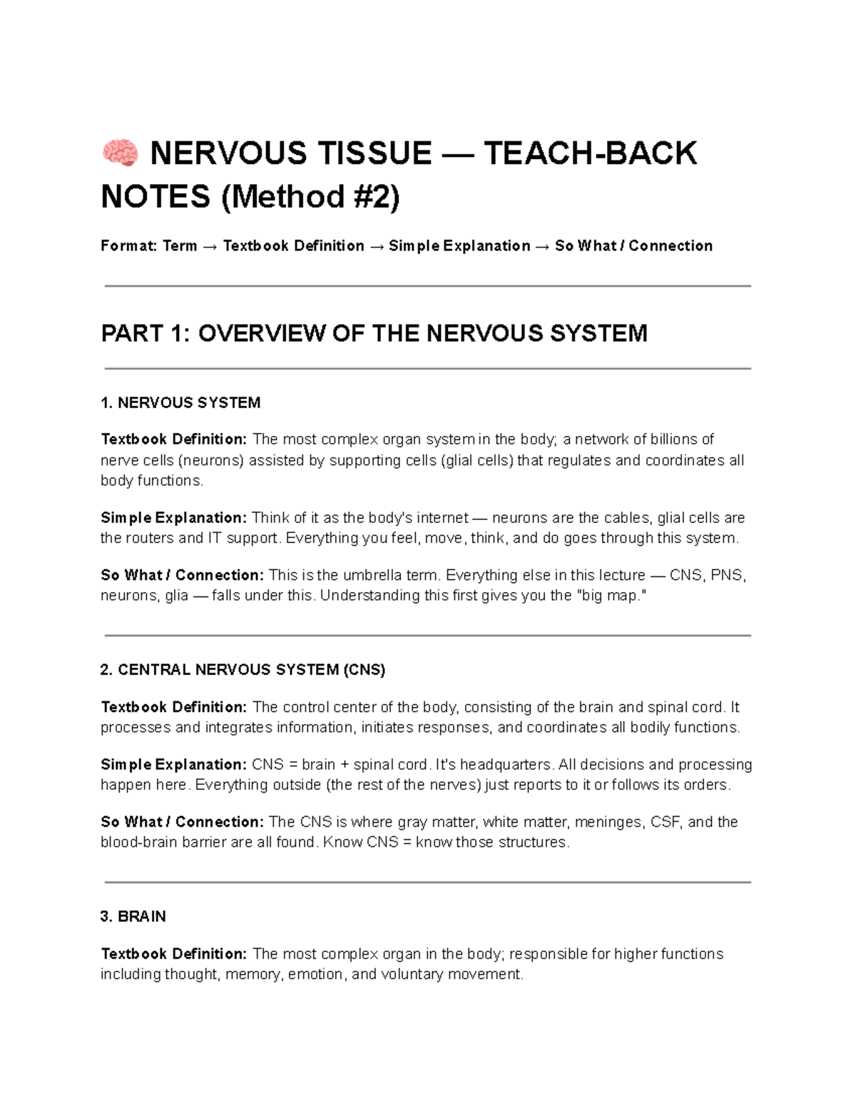 Nervous Tissue Overview: Key Concepts and Definitions (BIO 101) - Studocu