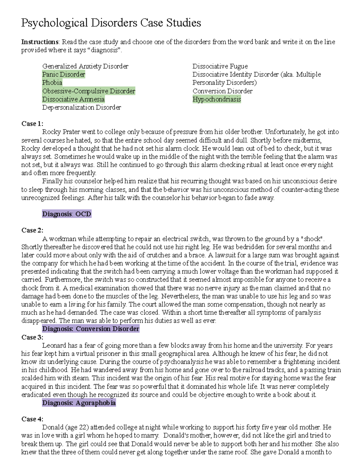 Psychological Disorders Case Studies Worksheet - Psychological Disorders Case Studies ...
