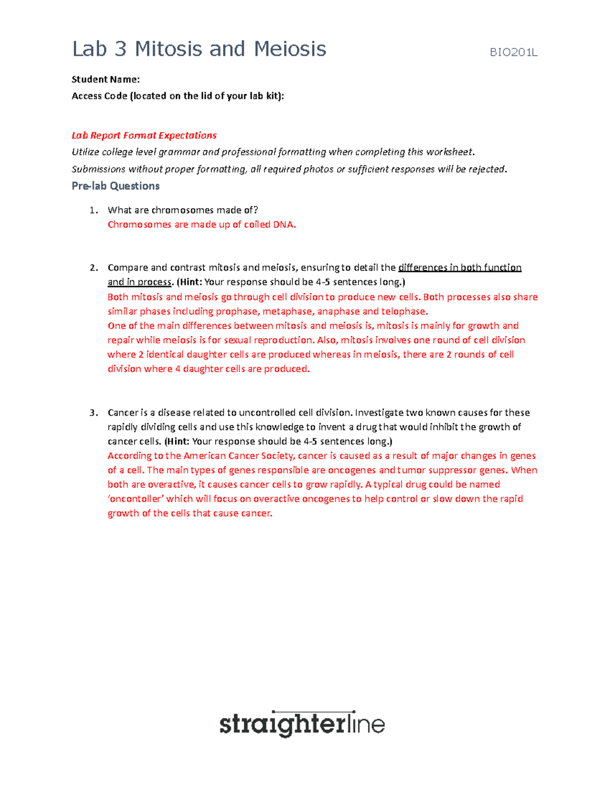 BIO201L Lab 3: Mitosis and Meiosis Report with Observations - Studocu