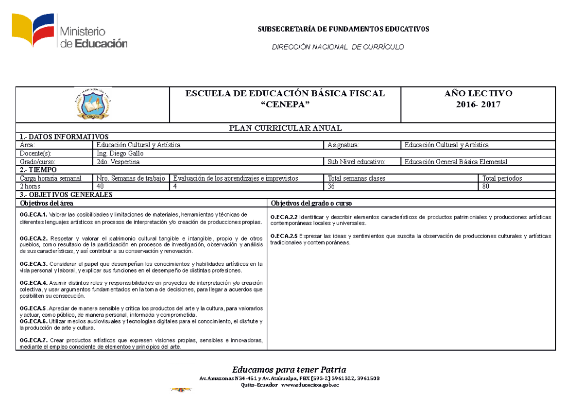 Plan Curricular Anual de Educación Cultural y Artística 2do ECA - Studocu