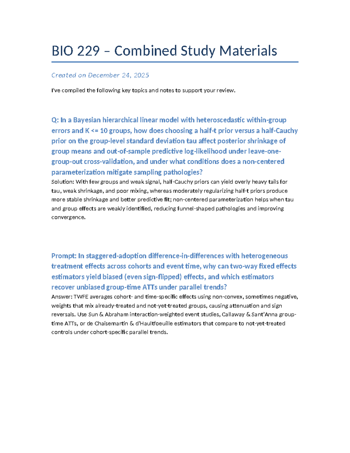 BIO 229 Comprehensive Study Guide for Advanced Statistical Models - Studocu