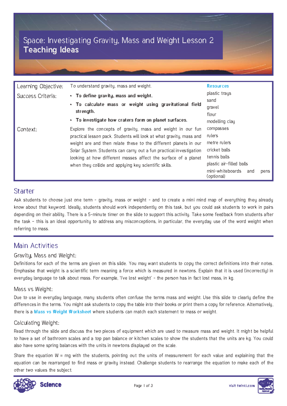 Space L2: Teaching Ideas for Investigating Gravity, Mass & Weight - Studocu