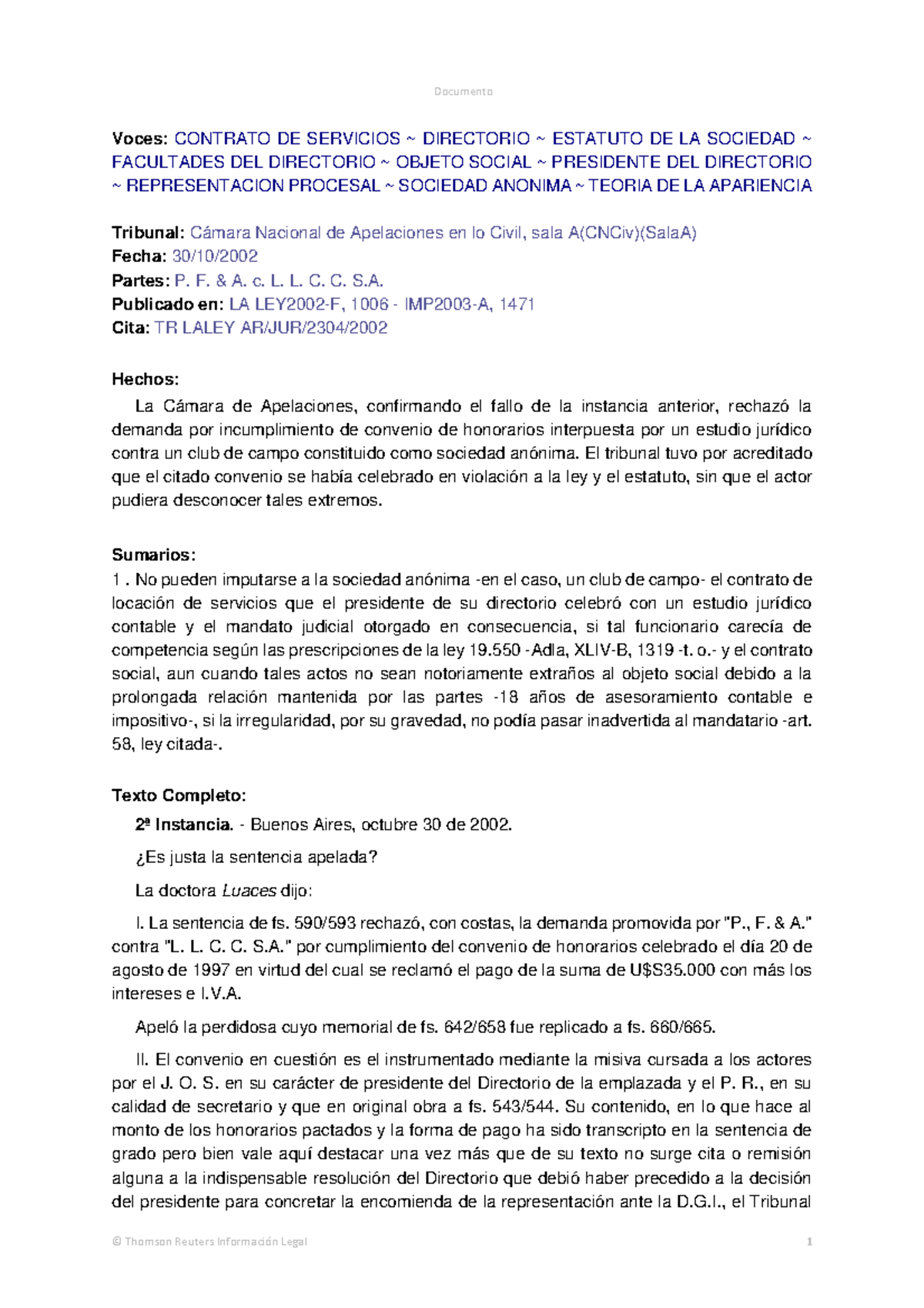 CNCiv - Caso Peña Freytes vs. Los Lagartos: Análisis de Contrato y ...