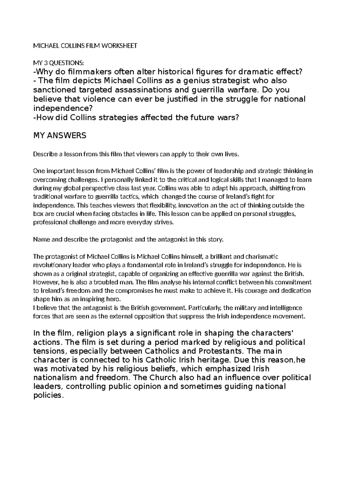 Michael Collins FILM Worksheet - MICHAEL COLLINS FILM WORKSHEET MY 3 ...