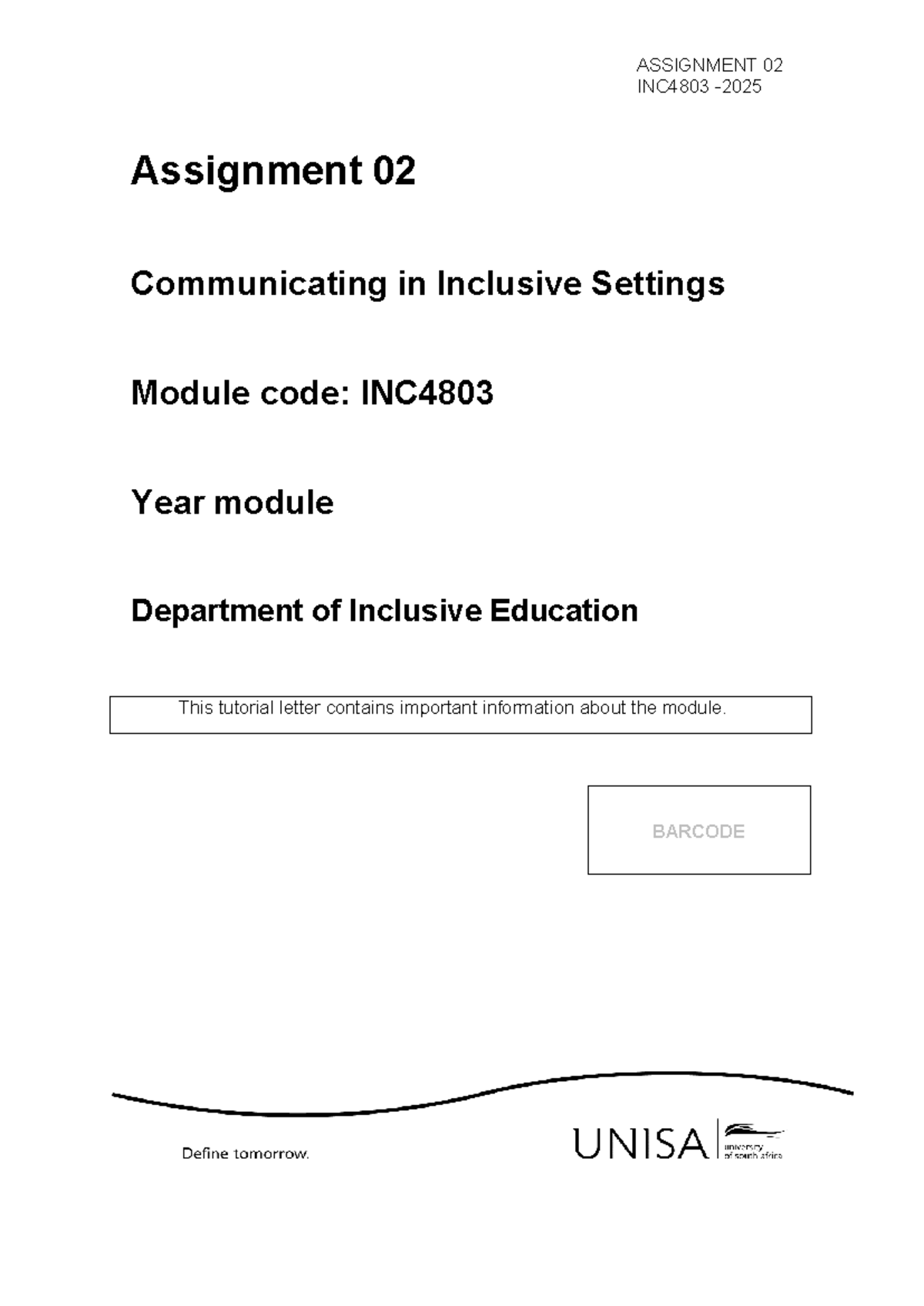 INC4803 Assignment 02: Communicating in Inclusive Settings 2025 - Studocu