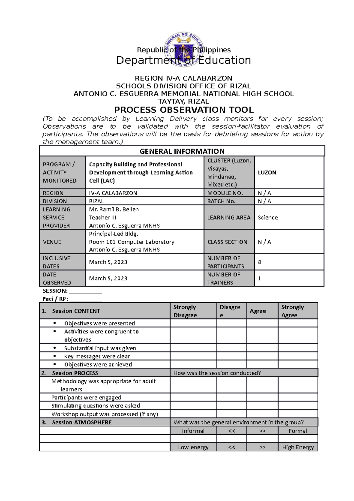 10. Process Observation TOOL - Republic of the Philippines Department ...