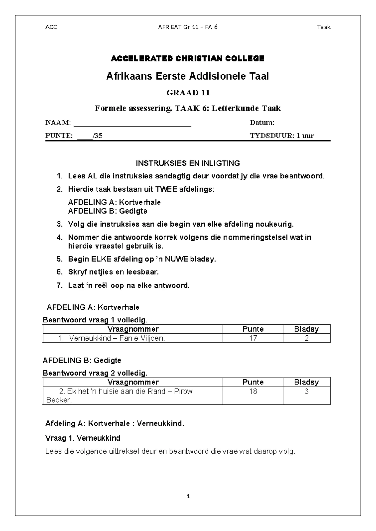 Gr 11 EAT TAAK 6a - Siklus Letterkunde toets - mei 2019 - ACCELERATED CHRISTIAN COLLEGE ...