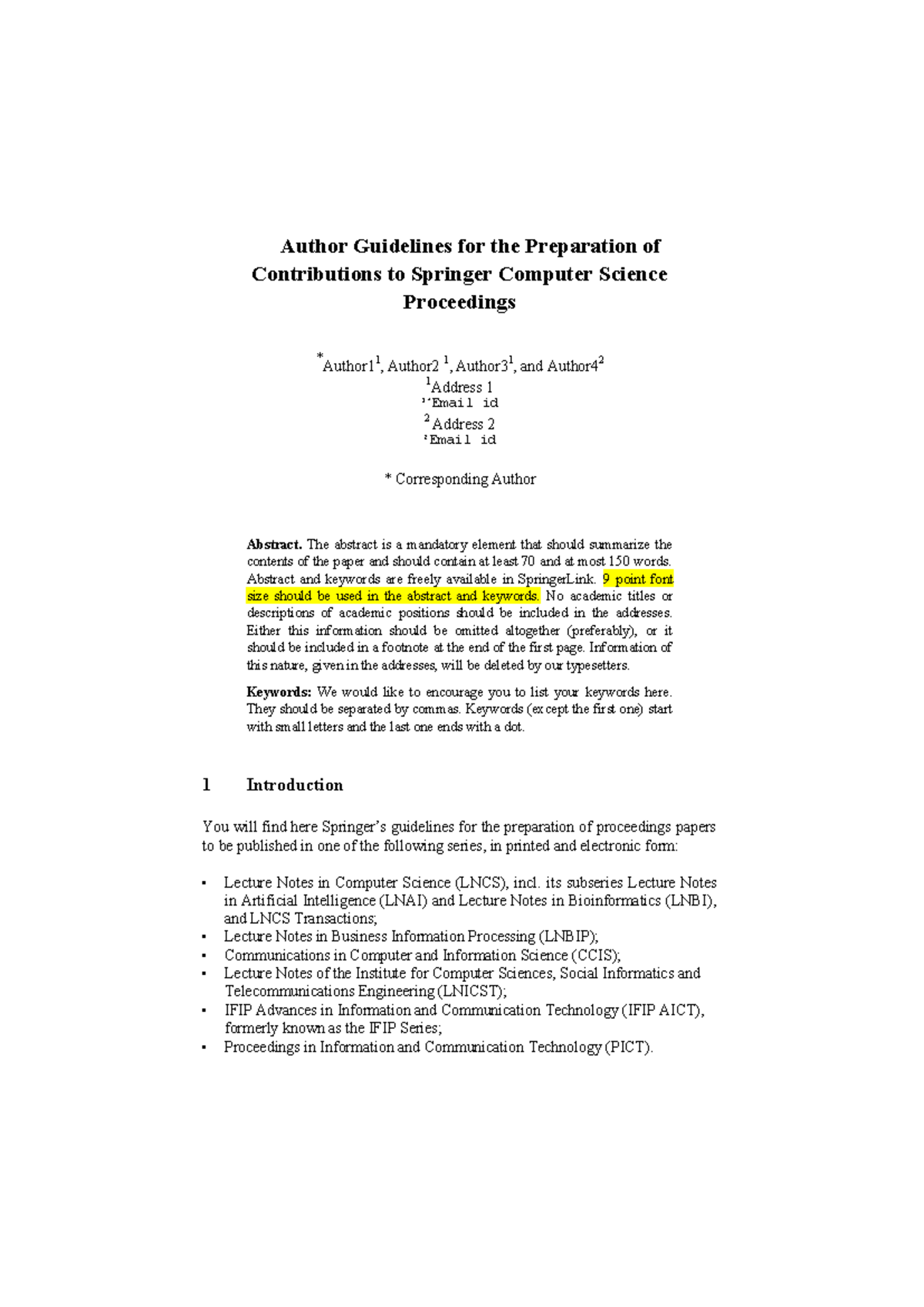 Springer Computer Science Proceedings: Author Guidelines Template - Studocu
