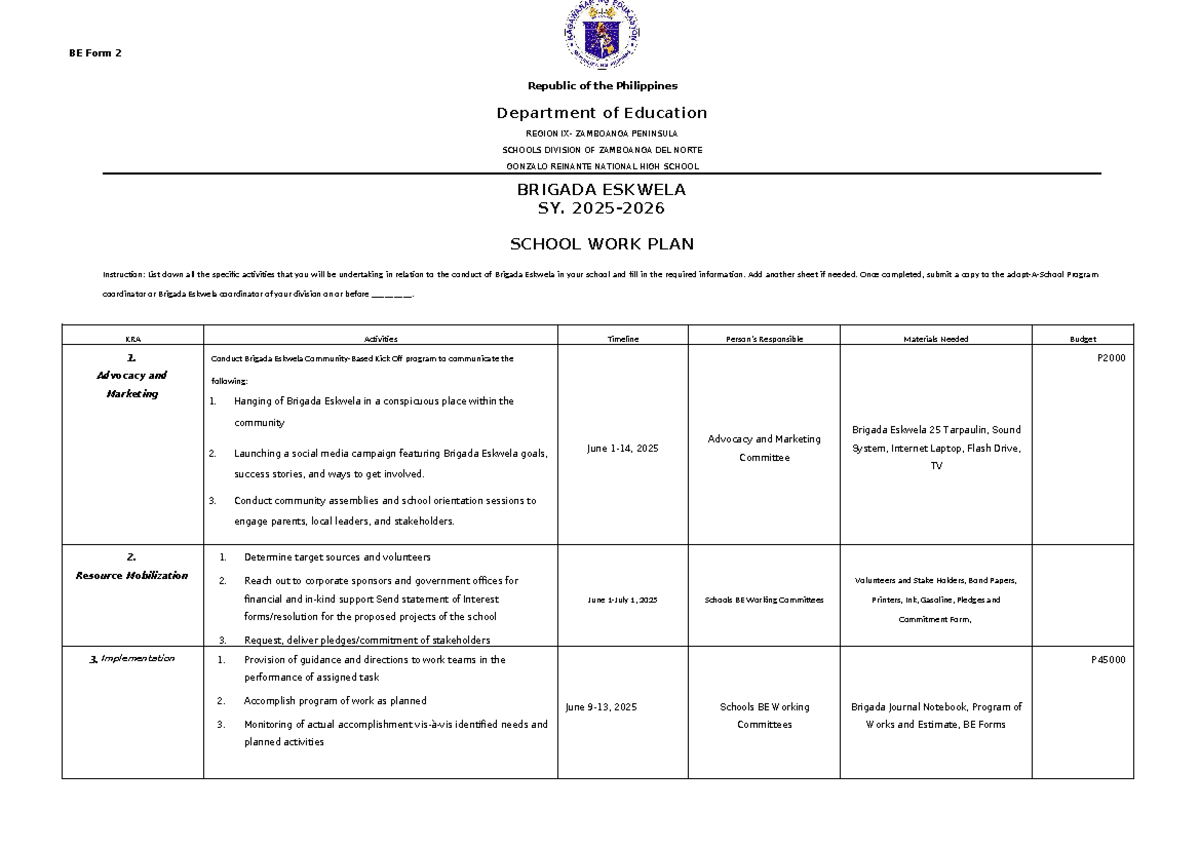 BE Form 2 Brigada Eskwela School Work Plan - Gonzalo Reinante HS - Studocu