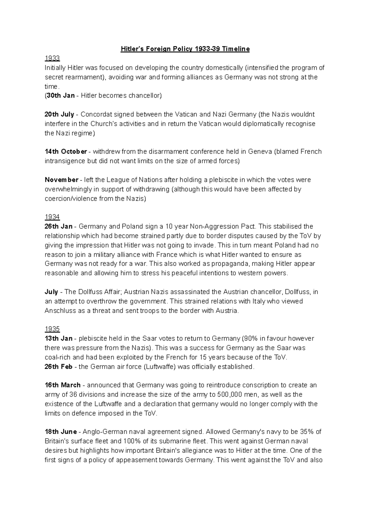 Hitler’s Foreign Policy 1933-39 - Comprehensive Timeline Analysis - Studocu