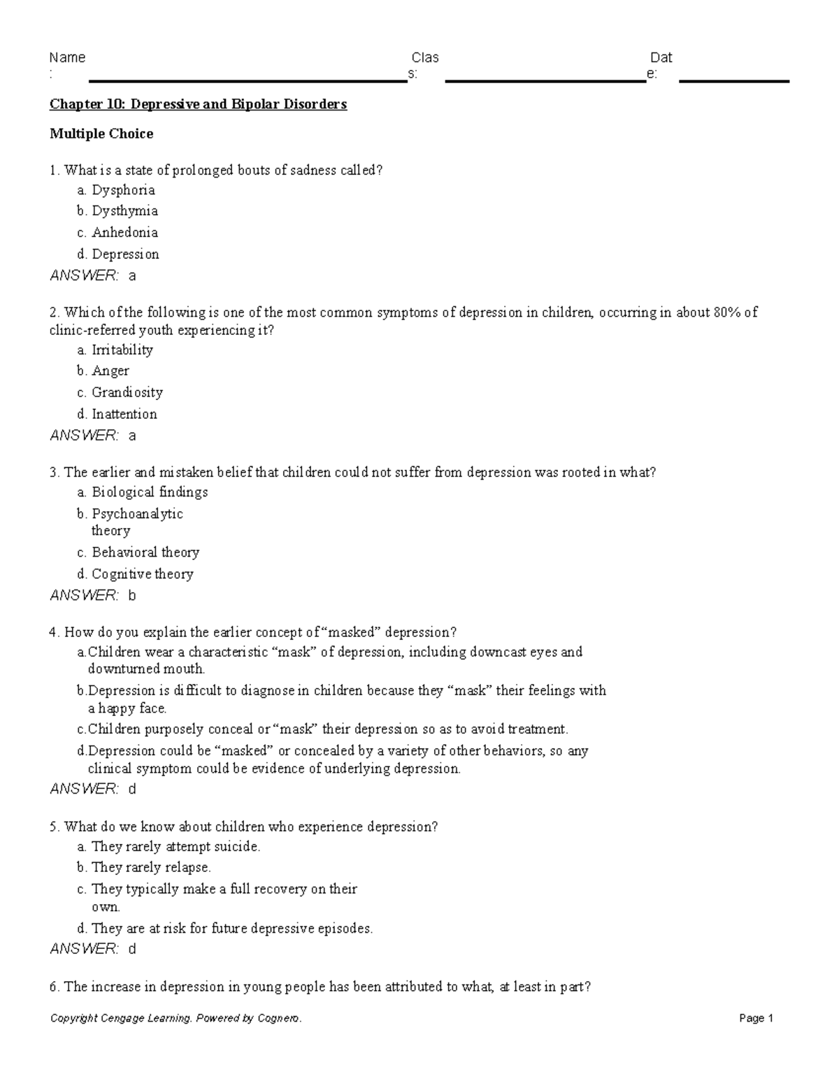 Chapter 10 Study Guide: Depressive and Bipolar Disorders (Psych 101 ...
