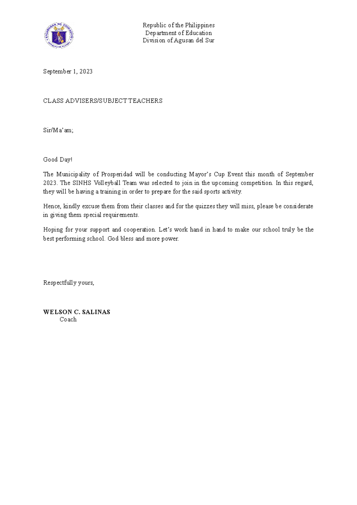 Excuse Letter for Athletes: Mayor's Cup Volleyball & Basketball Teams ...