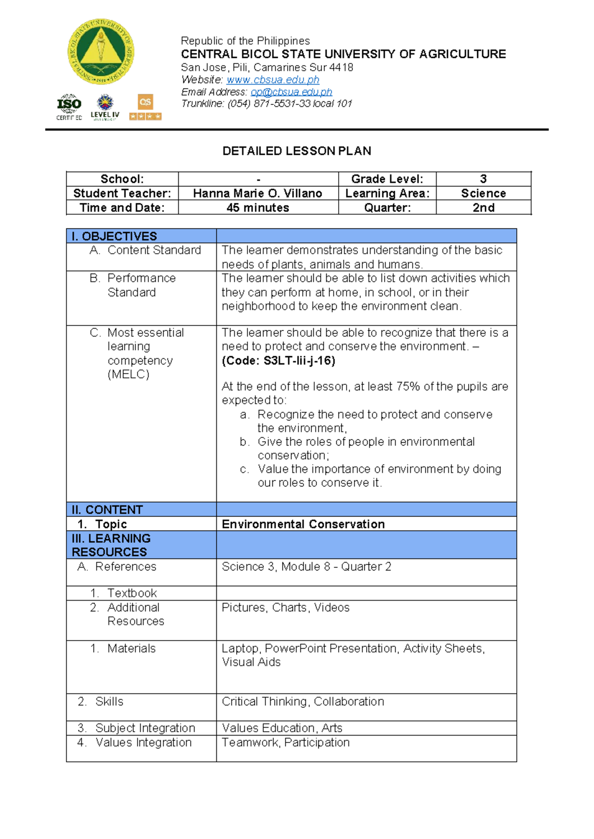 Environmental Conservation Lesson Plan (Science 3, Quarter 2) - Studocu