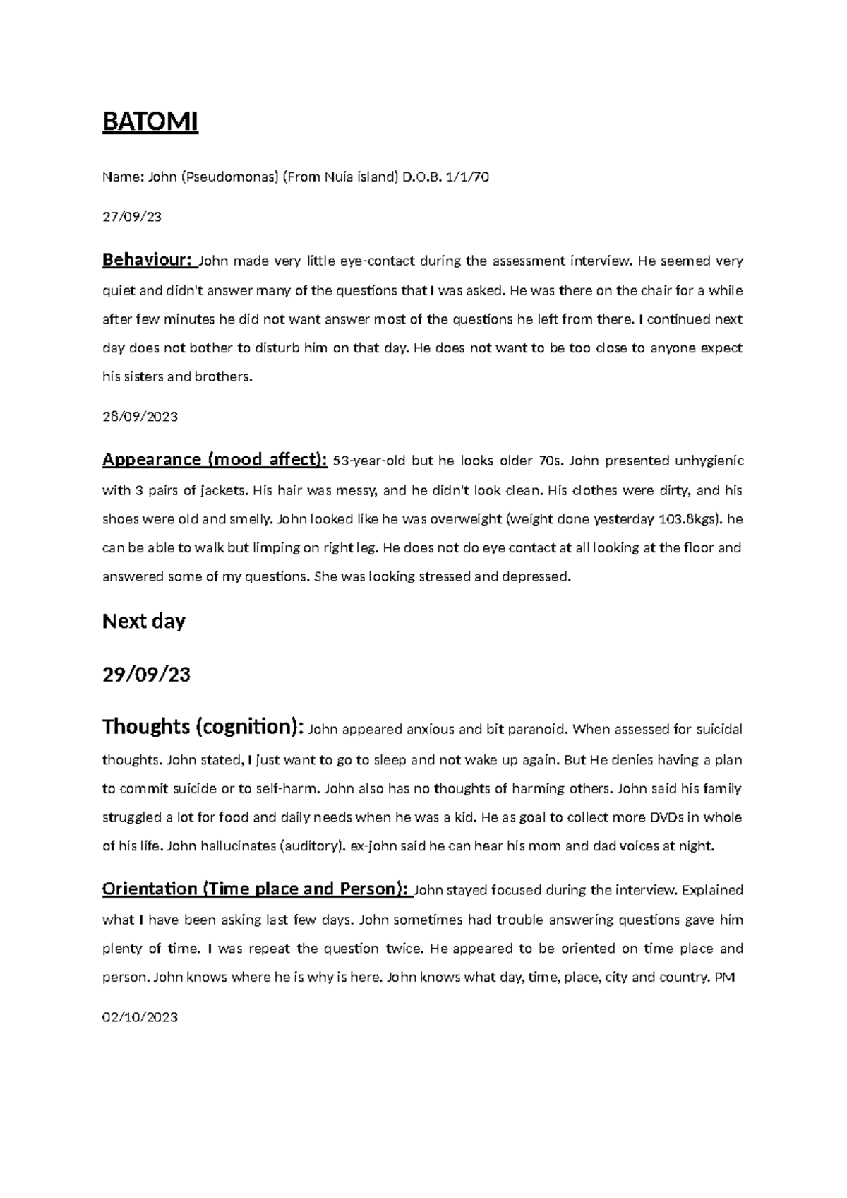 BATOMI Case Study: John (Pseudomonas) Assessment Analysis - Studocu