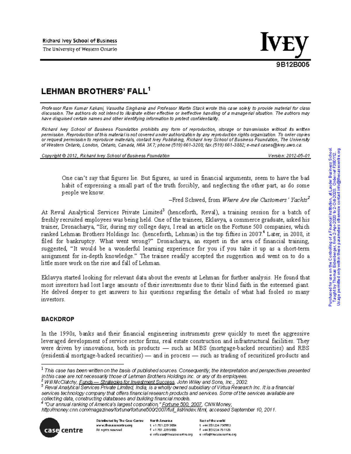 Case Study: The Rise and Fall of Lehman Brothers (9B12B005) - Studocu