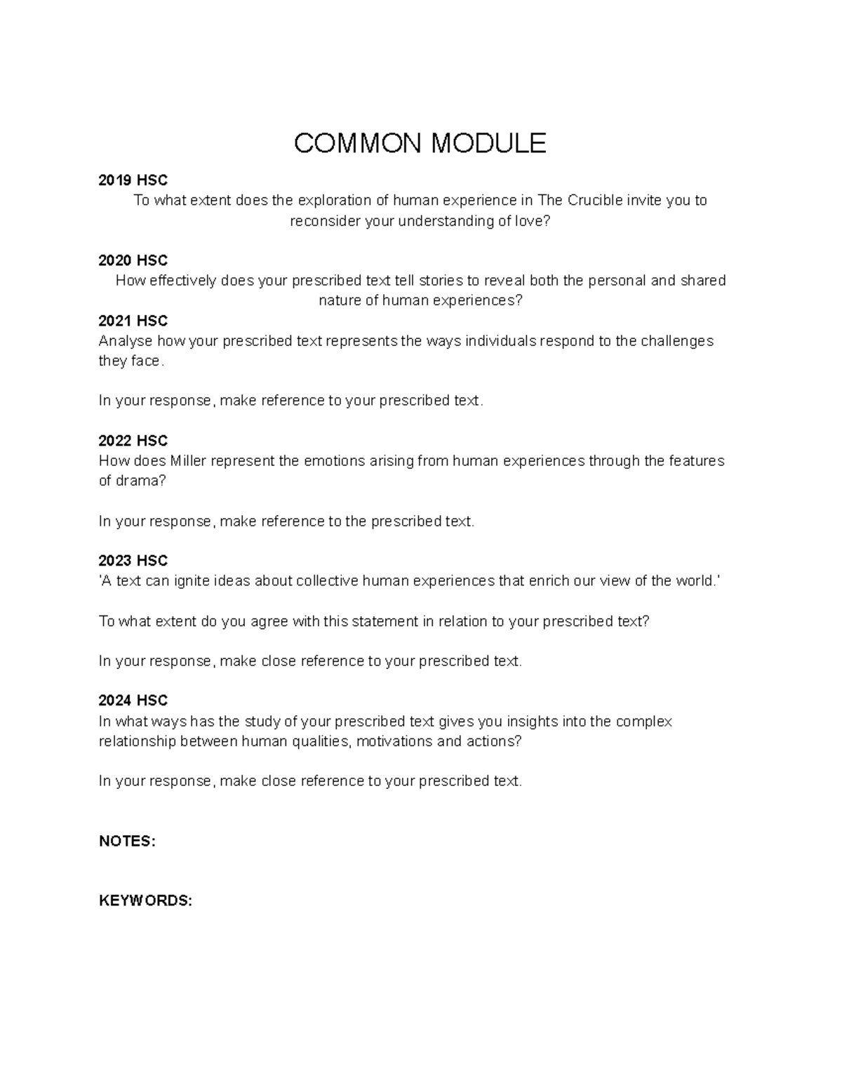 HSC English Module A: Exploring Human Experiences in Prescribed Texts ...