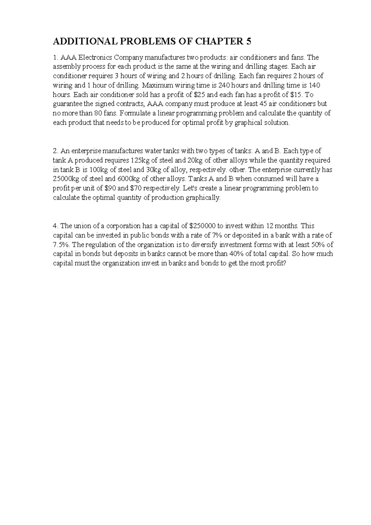 Additional Problems of Chapter 5: Linear Programming Solutions - Studocu