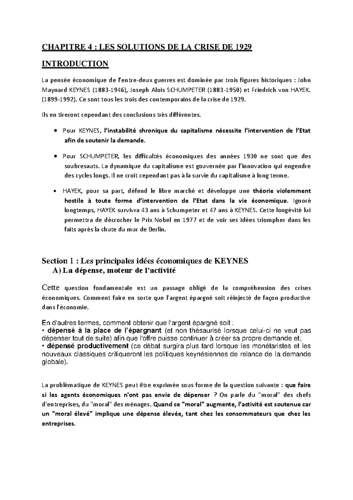 Chapitre 4: Analyse des Solutions Économiques à la Crise de 1929 - Studocu