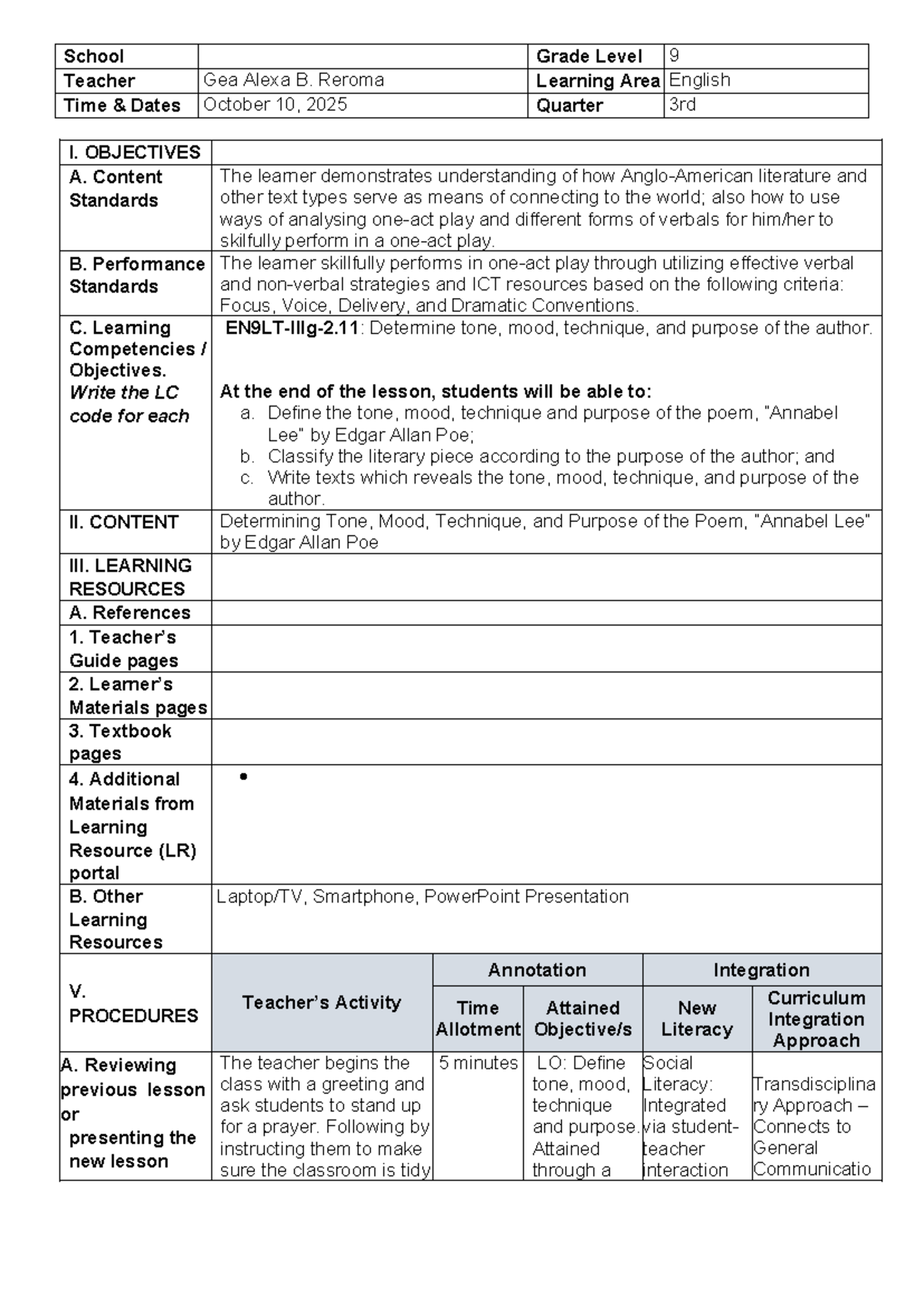 Grade 9 English Lesson Plan: Analyzing Tone, Mood, Technique & Purpose ...