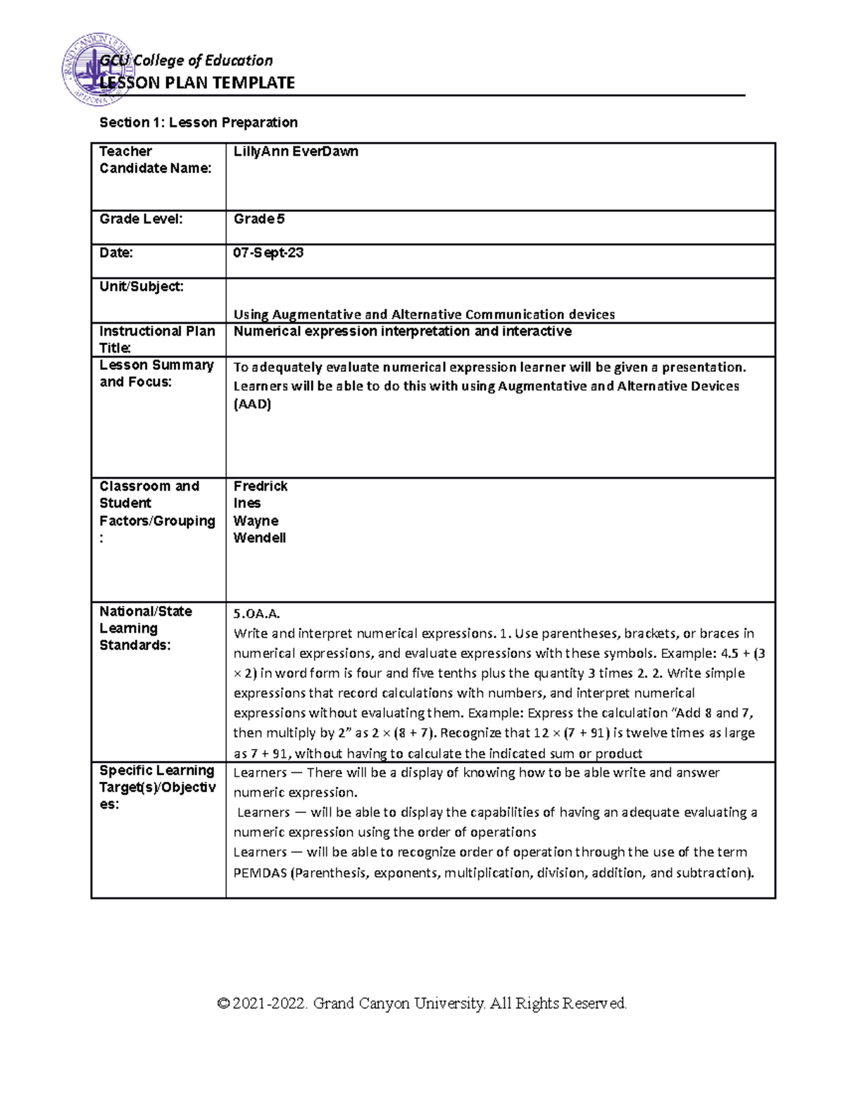 AAC Devices in Grade 5 Lesson Plan: Numerical Expressions & PEMDAS ...