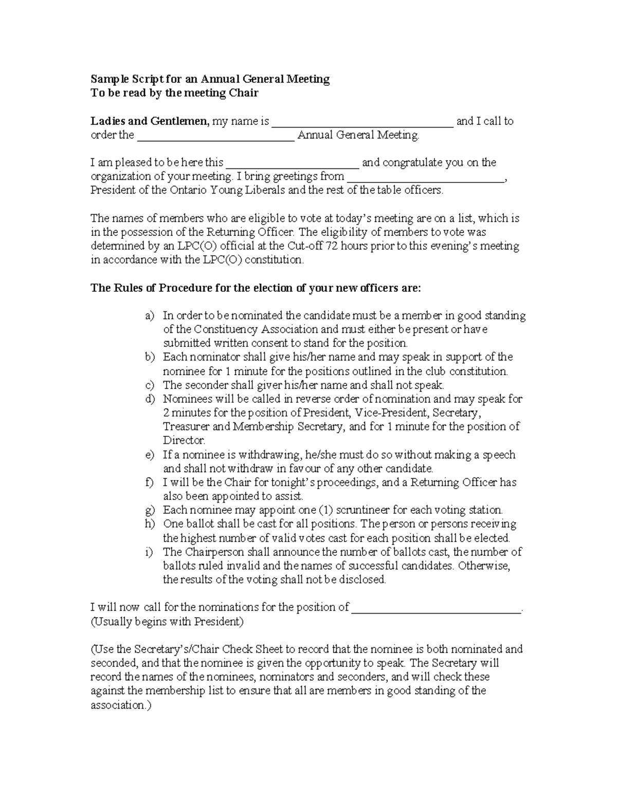 AGM Chair Script Sample for Annual General Meeting Procedures - Studocu