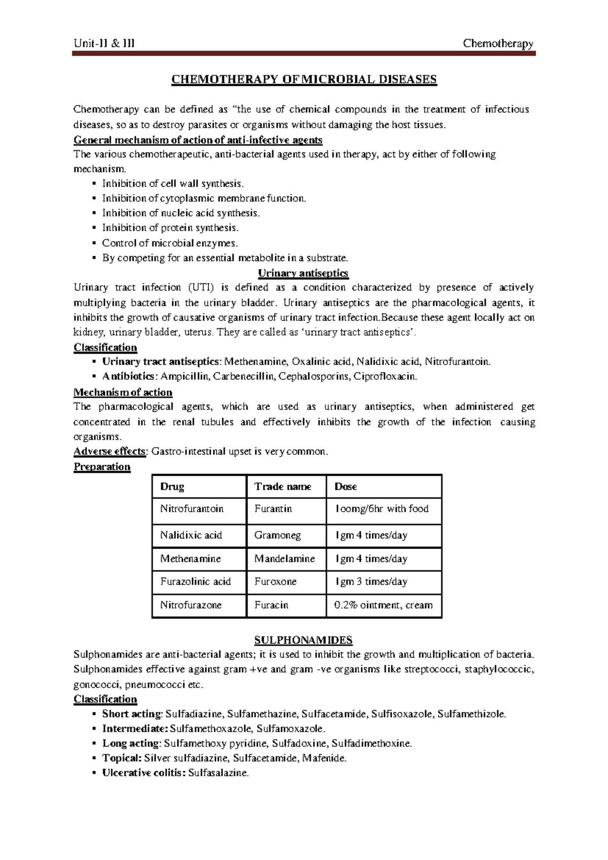 Unit II & III: Chemotherapy of Microbial Diseases - Studocu