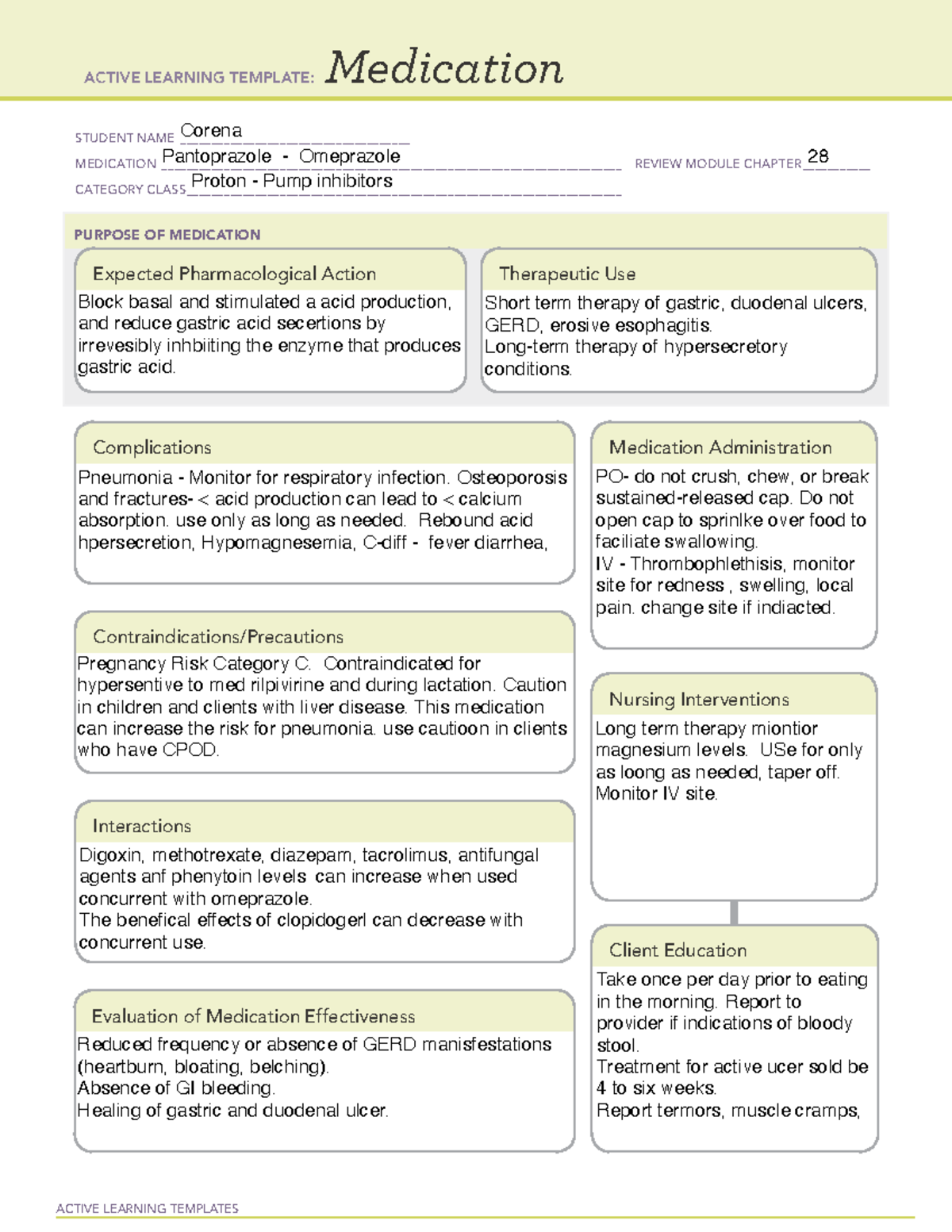 Pantoprazole - .... - ACTIVE LEARNING TEMPLATES Medication STUDENT NAME ...