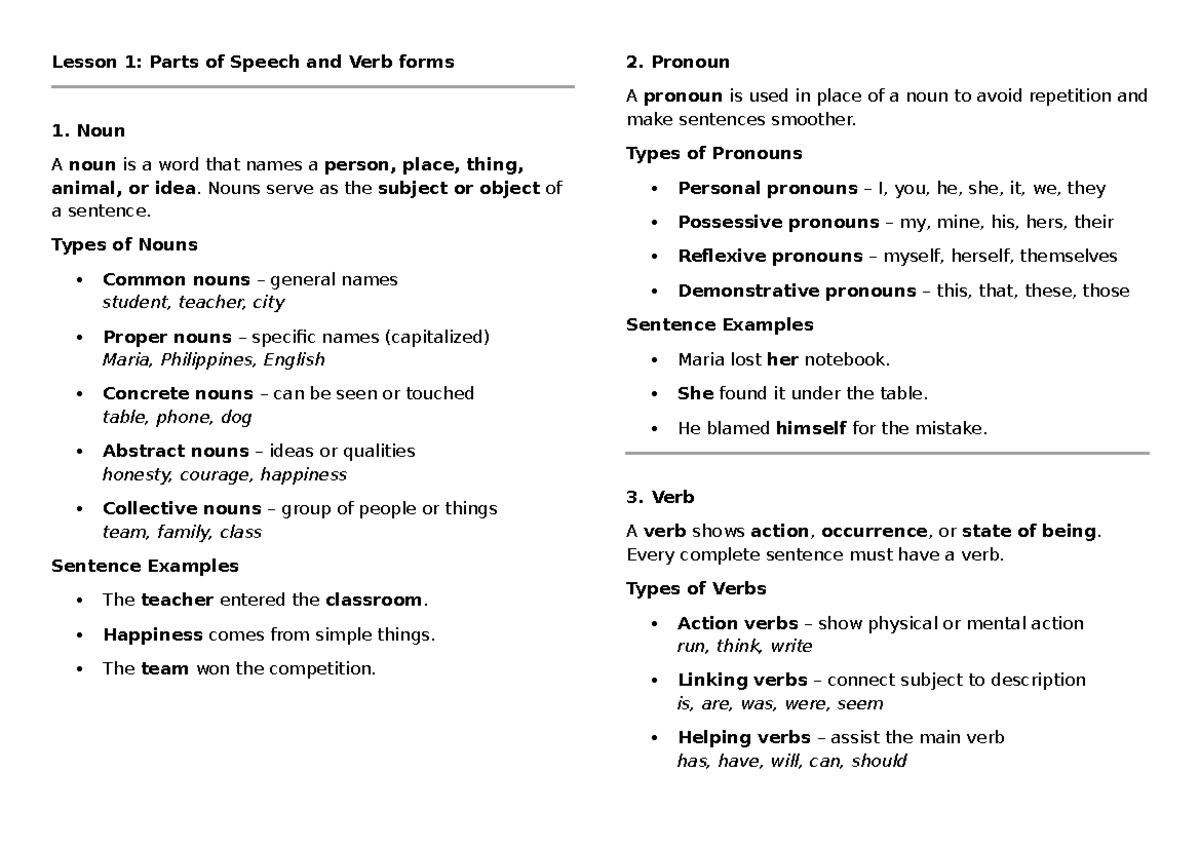Purposivecom M1L1 - Lesson 1: Parts of Speech & Verb Forms - Studocu