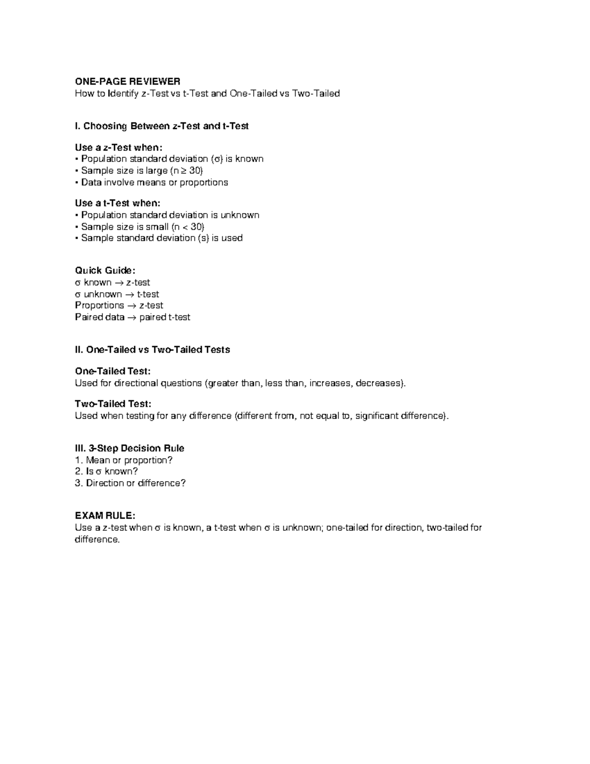 Z Test vs T Test Reviewer: Key Differences and Guidelines - Studocu