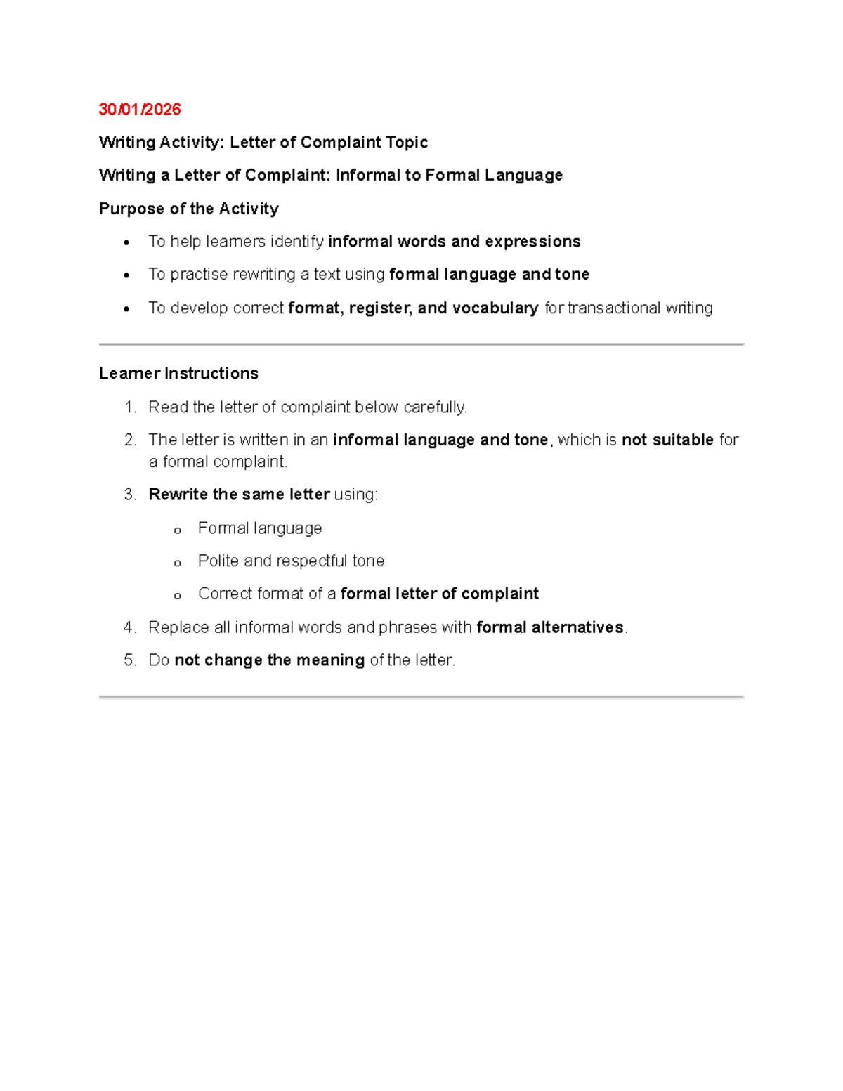 Writing Activity: Formal Letter of Complaint Revision - Studocu