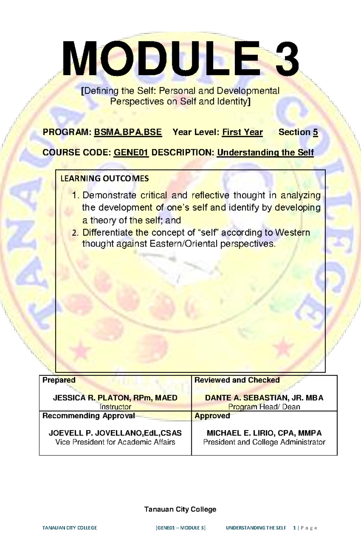 JRP-GENE01-Module 3 Defining the Self - Personal and Developmental ...